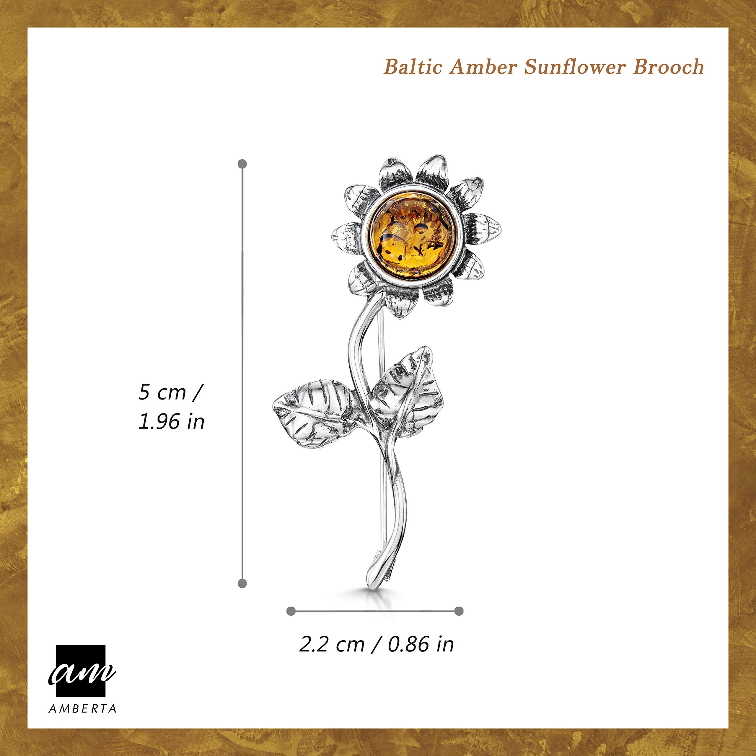 Amberta 925 Sterling Silver with Genuine Baltic Amber - Sunflower Brooch/Pin for Women - Honey Stone Color