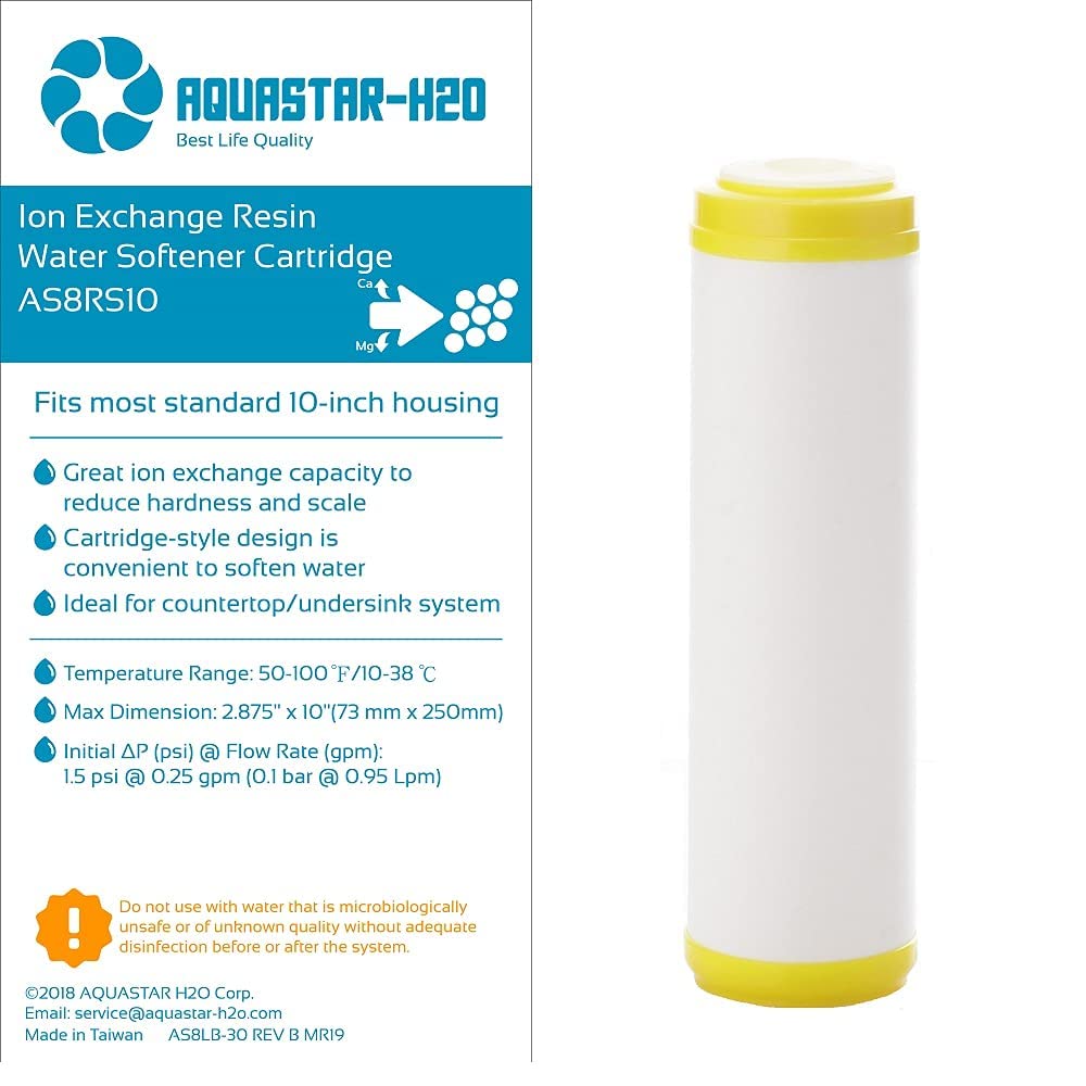 AQUASTAR-H2O 10"x2.5" Water Softener Filter Cartridge | Ion Exchange Resin | Countertop Water Filter Systems 2-Pack