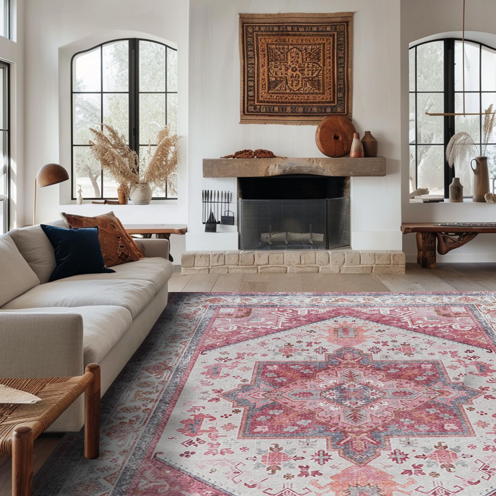 BRICHOEE 8x10 Rugs for Living Room Boho Washable Rug Large Non-Slip Distressed Area Rug Oriental Neutral Print Floor Rug Indoor Stain Resistant, Berry Multi