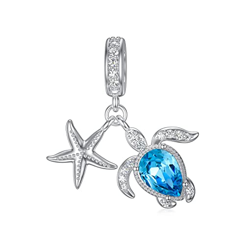AOBOCO Sea Turtle Charm for Bracelet Sterling Silver Ocean Turtle and Starfish Dangle Charm Bead with Aquamarine Blue Crystal