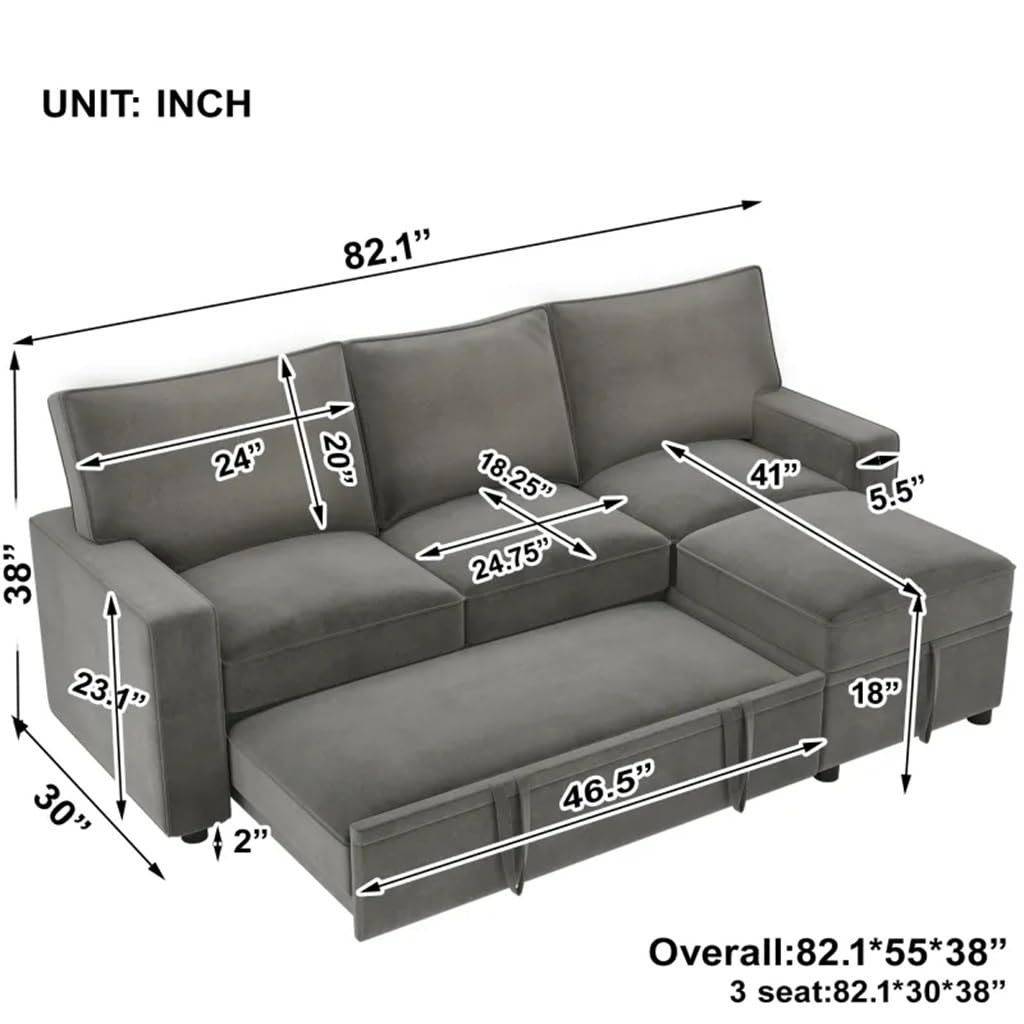 APAINI 82.1" Reversible Sectional Sofa with 2 Pull-Out Sleepers, Space Saving Functional Sofa Bed, Chaise with Loveseat,Grey