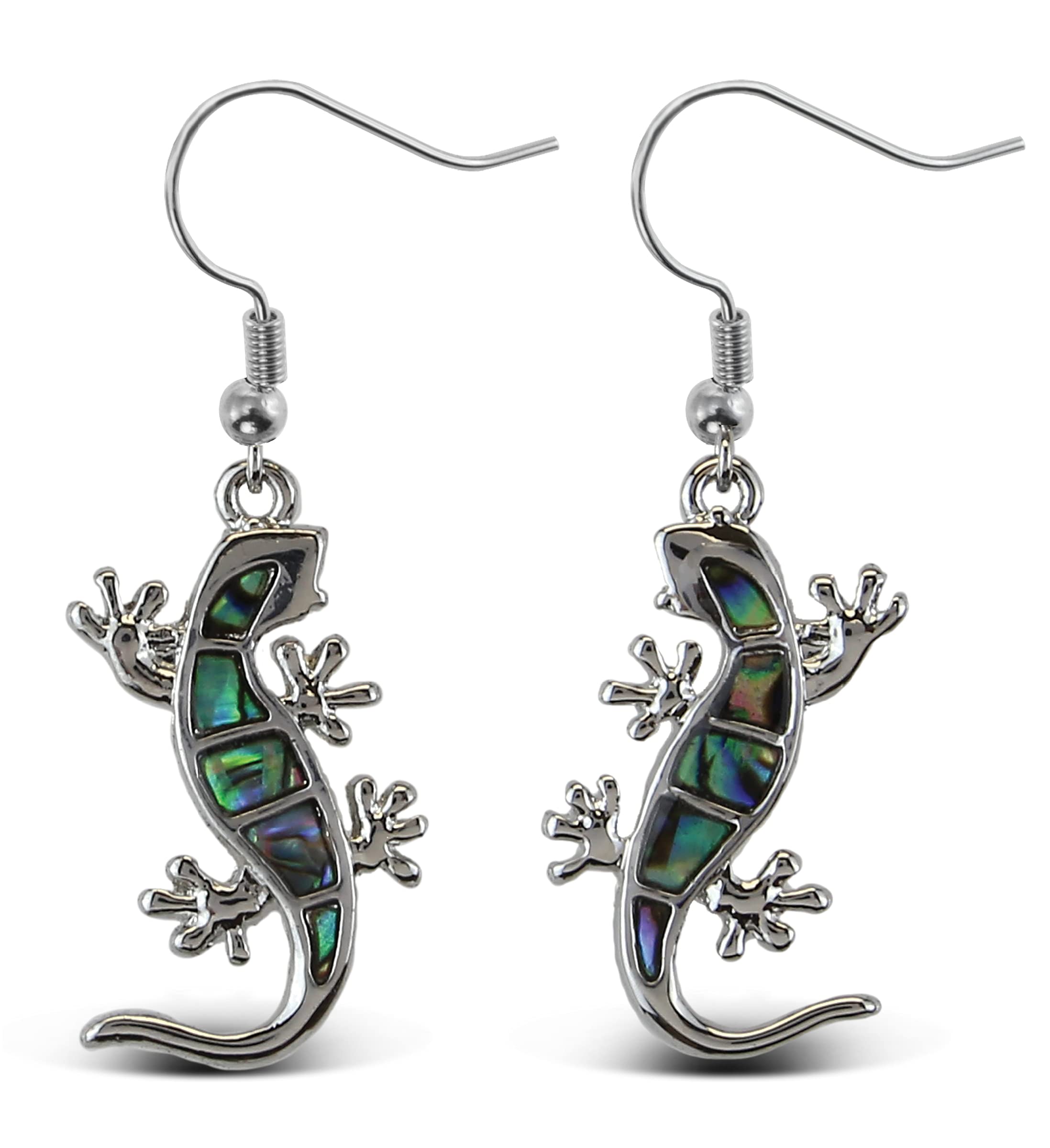 Aqua79 Gecko Earrings Jewelry - Authentic Dangle Hook Earrings Made with Natural Paua Abalone Shell - Unique Colorful Jewel For Women & Teens For Daily, Casual & Formal Occasions