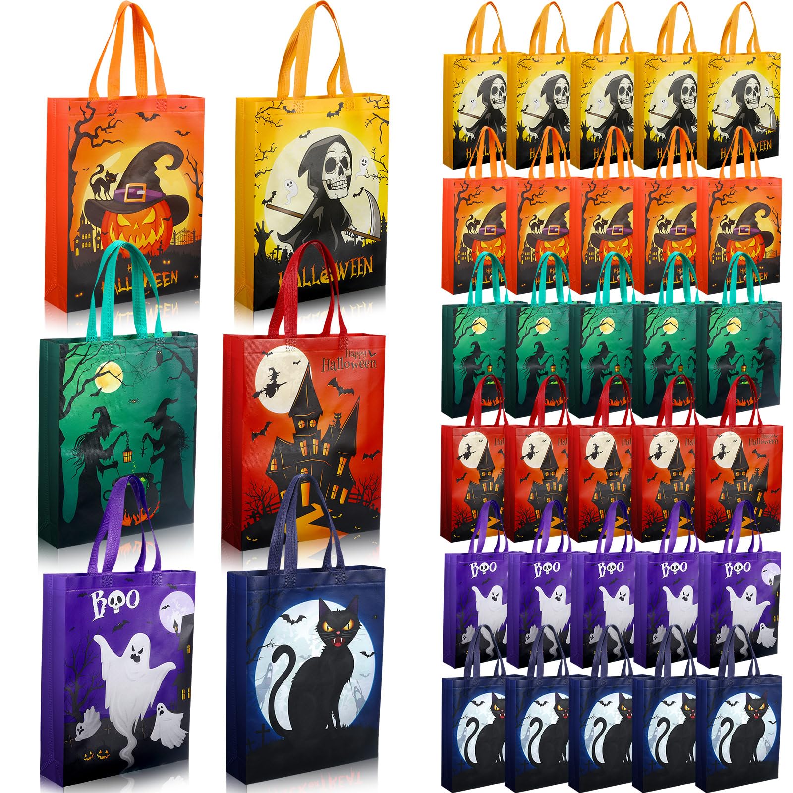 Paterr 30 Pcs Large Halloween Trick or Treat Bags Multifunctional Non Woven Halloween Tote Bags with Handles 6 Patterns Design Halloween Bags for Candy Wrapping Party Supplies, 11.8'' x 3.1'' x 15''