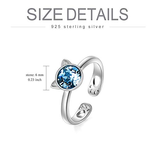 AOBOCO 925 Sterling Silver Cute Kitty Cat Open Wrap Ring Adjustable Stacking Animal Bands Ring with Hollow Out Cat Paws and Created Blue Aquamarine Austrian Crystal
