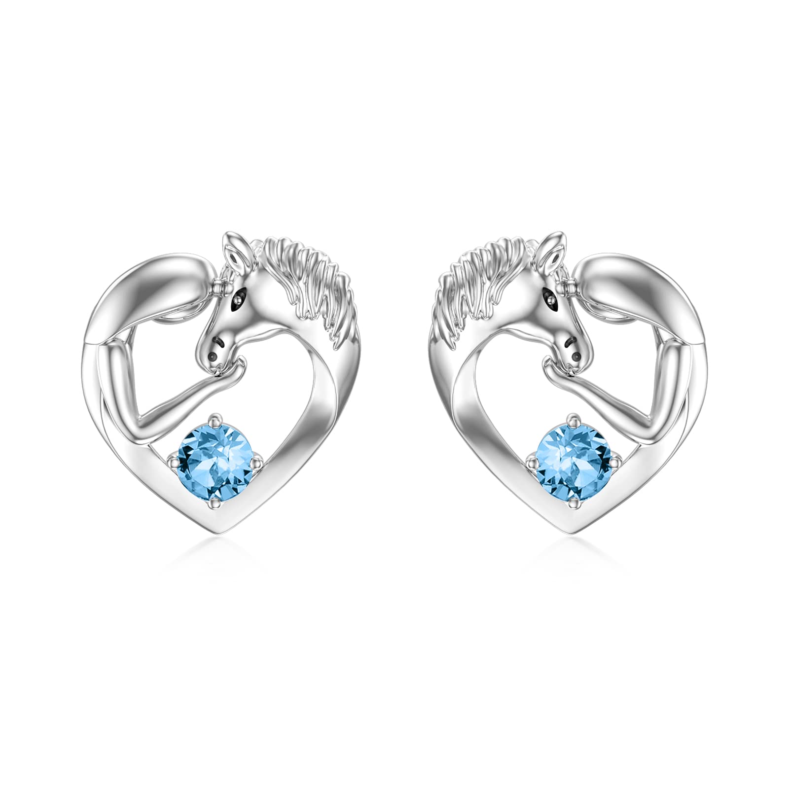 AOBOCO Sterling Silver Horse Stud Earrings, Horse Jewelry Birthday Gifts for Women Daughter Granddaughter (03-Simulated Aquamarine-Mar.)