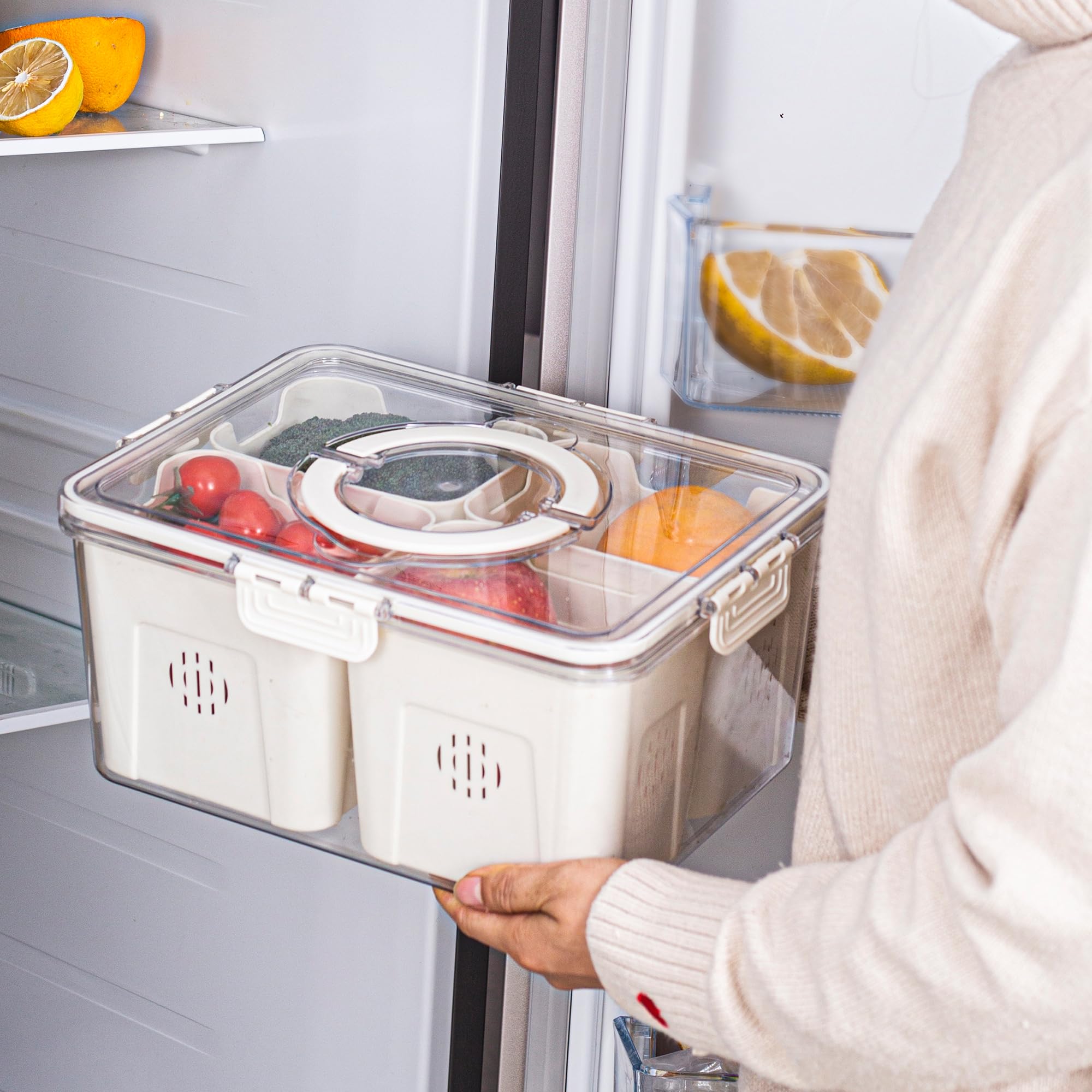 Bandesun Airtight Fruit Storage Containers for Fridge with Lids - 4 Grids, Handle & Removable Colanders, BPA-Free Fresh Produce Saver & Refrigerator Organizer Bins