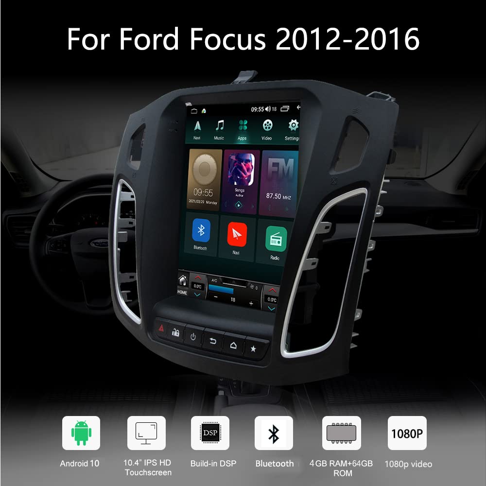 Android 10 Touch Screen Car Stereo with Bluetooth for Ford Focus 2012-2016,4+64GB Carplay and Android Auto,10.4 Inch IPS Screen,Car Radio with GPS Navigation,DSP,Voice Control,Back-up Camera