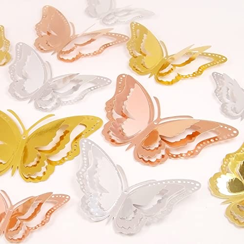 HUSGA Butterfly Wall Decor, 3 Sizes Butterfly Cake Decorations, Three-dimensional hollow design Hanging butterfly for Garden Themed Tea Party Graduation Wedding Baby Shower. (Gold)