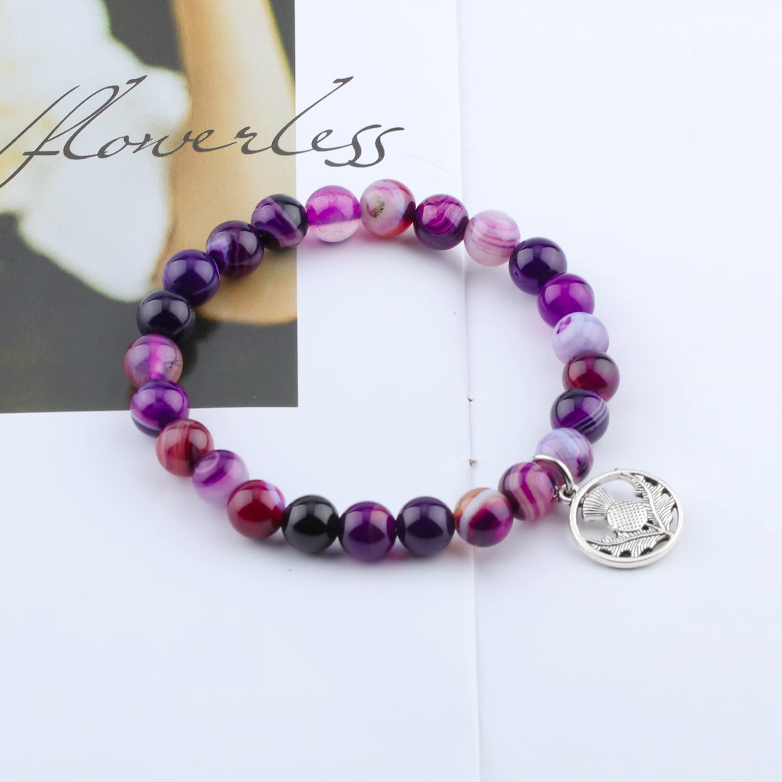 ARHTF Sassenach Gift Scottish Thistle Bracelet,Celtic Thistle Charm Thistle Blessing Amethyst Beads Thistle Flower Jewelry,Scottish Thistle Jewelry for Women (Purple Thistle)
