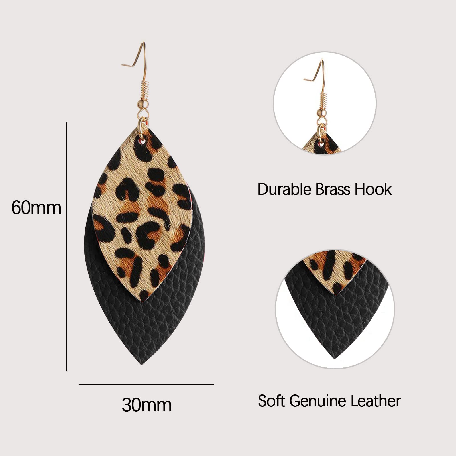 ASFUSS Double layer leopard leather earrings for Women Soft Genuine Leather Feather Tear Drop Dangle Red Earrings Christmas Stocking Stuffers (Red)