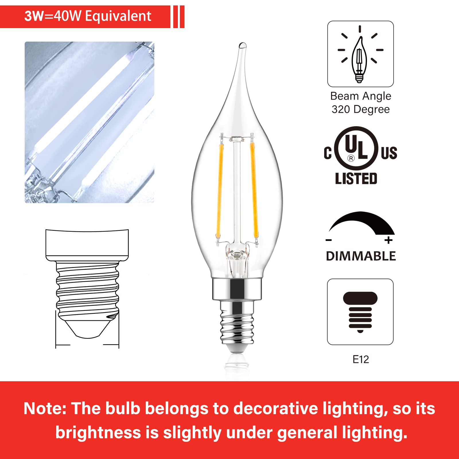 Sengled Candelabra Led Light Bulbs Dimmable, E12 Led Bulb 40 Watt Equivalent, CA10 Flame Tip Chandelier Light Bulbs, 5000K Daylight Candle Light Bulbs for Chandeliers, Ceiling Fan, Pendant, 12 Pack