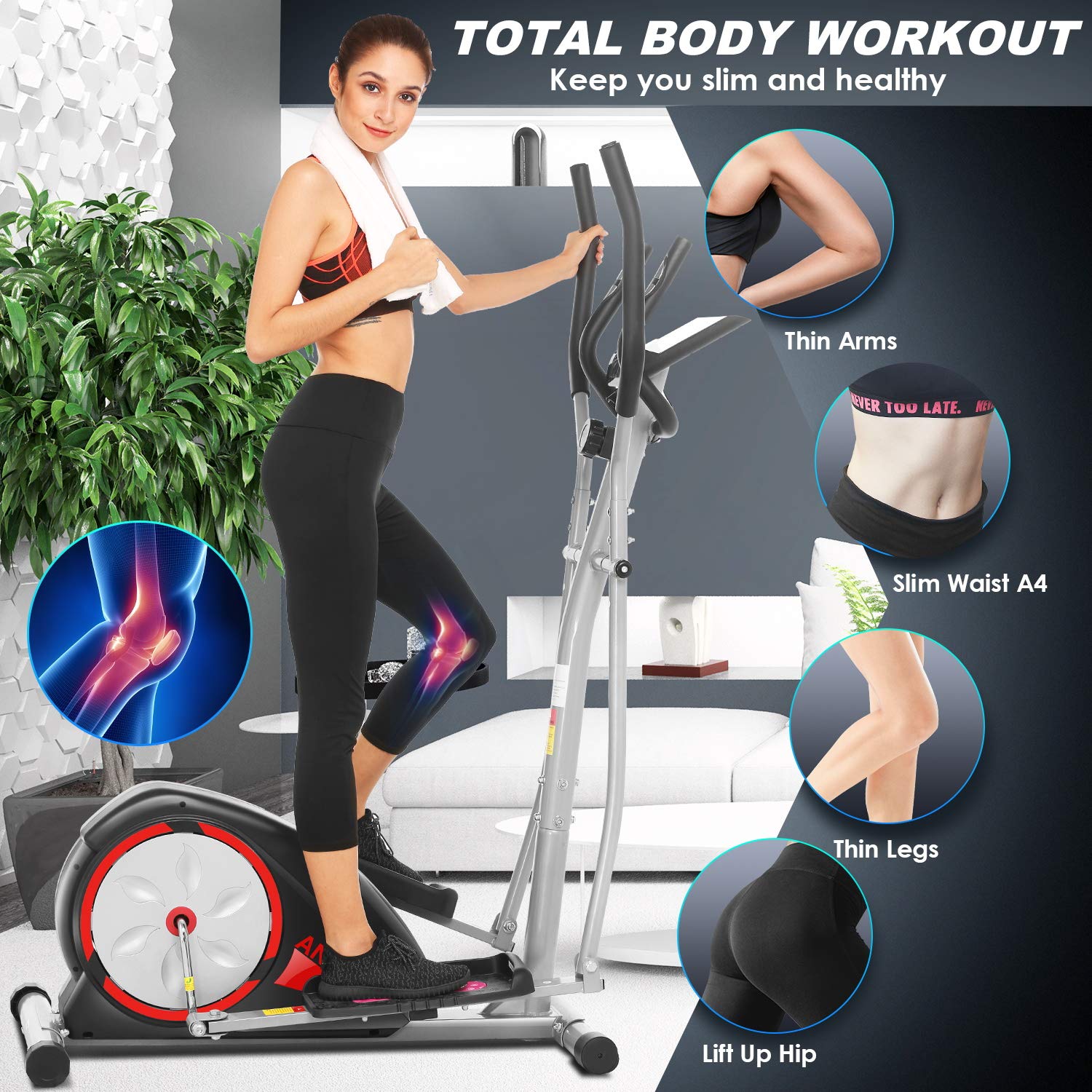 ANCHEER Elliptical Machine for Home Use, Magnetic Elliptical Training with Pulse Rate Grips and LCD Monitor, Smooth Quiet Driven for Home Gym Office Workout