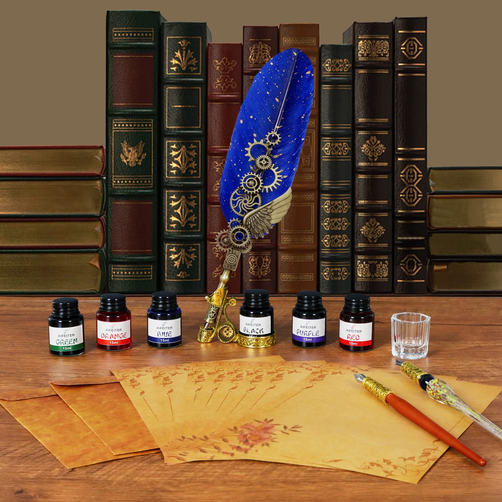 Aifeiter Quill Pen and Ink Wax Seal Stamp Set,Quill Pen ink Set Includes Feather Dip Pen,Ink,5 Replacement Nibs,3 Wax Seal Sticks,Pen Nib Base,Seal Stamp-White