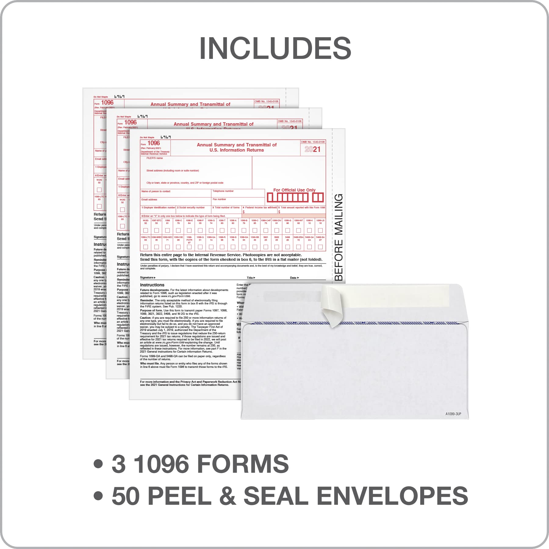 Adams 1099 NEC Forms 2021, Tax Kit for 50 Recipients, 4 Part 1099 Forms, 3 1096, Self Seal Envelopes & Tax Forms Helper Online (TXA2250PS-NEC21)