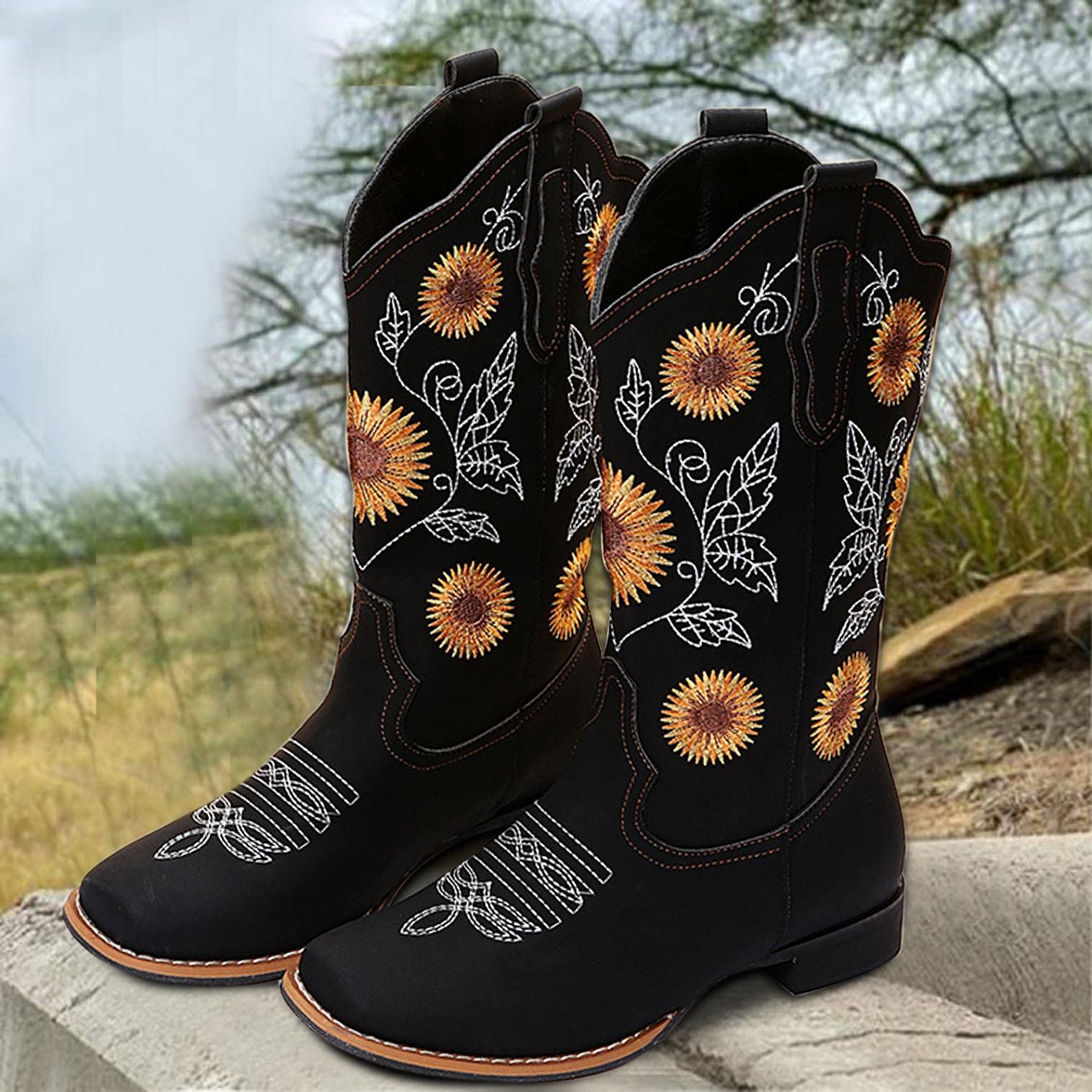 AODONG Boots for Women Sunflowers Embroidery Cowboy Boots Mid Calf Chunky Heel Retro Square Toe Pull On Boots Western Shoes 33-black 9.5-10