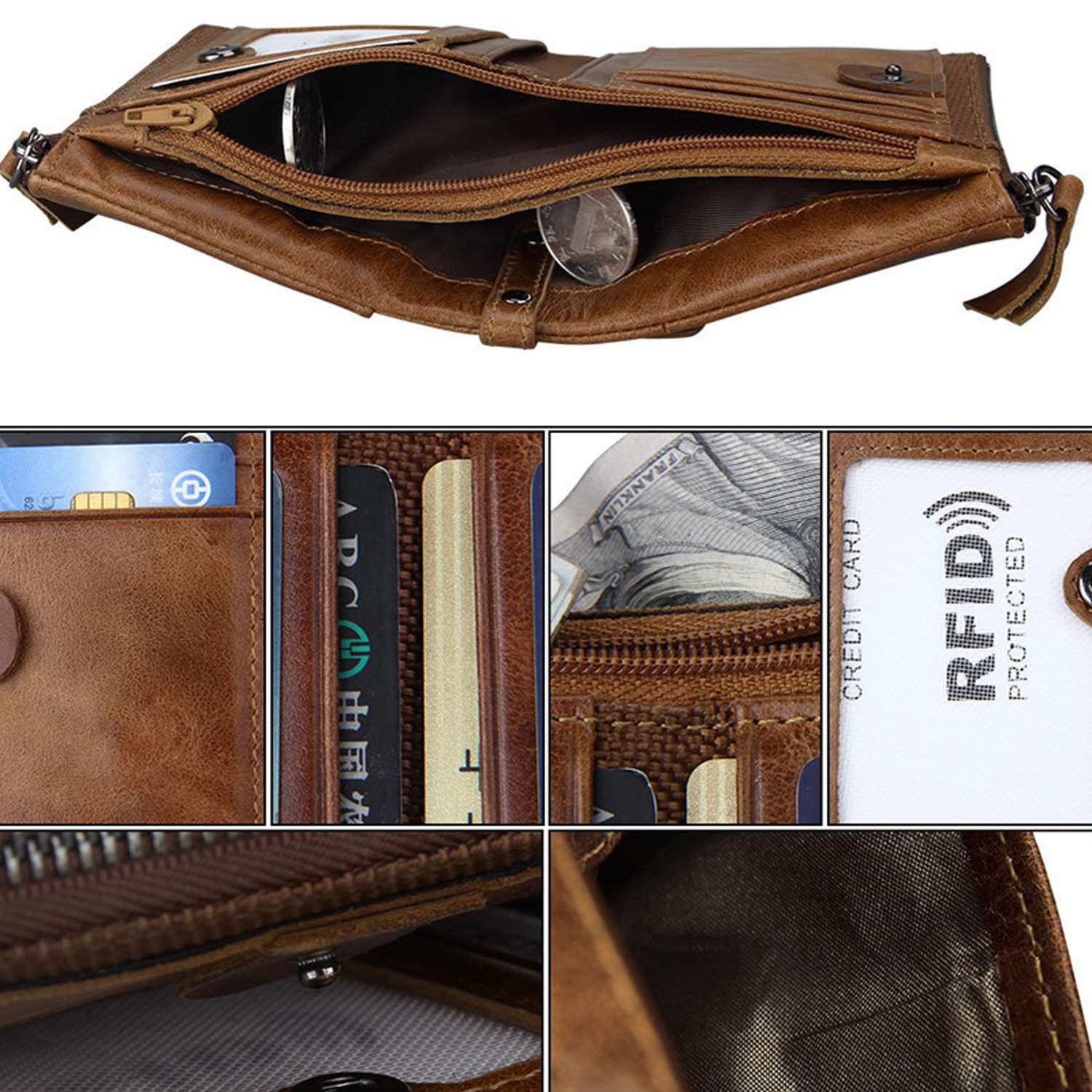Alkenred small wallet for women Leather Bifold Compact Card Holder Zipper Pocket Wallet RFID Blocking Card Case Purse with ID Window(brown1)