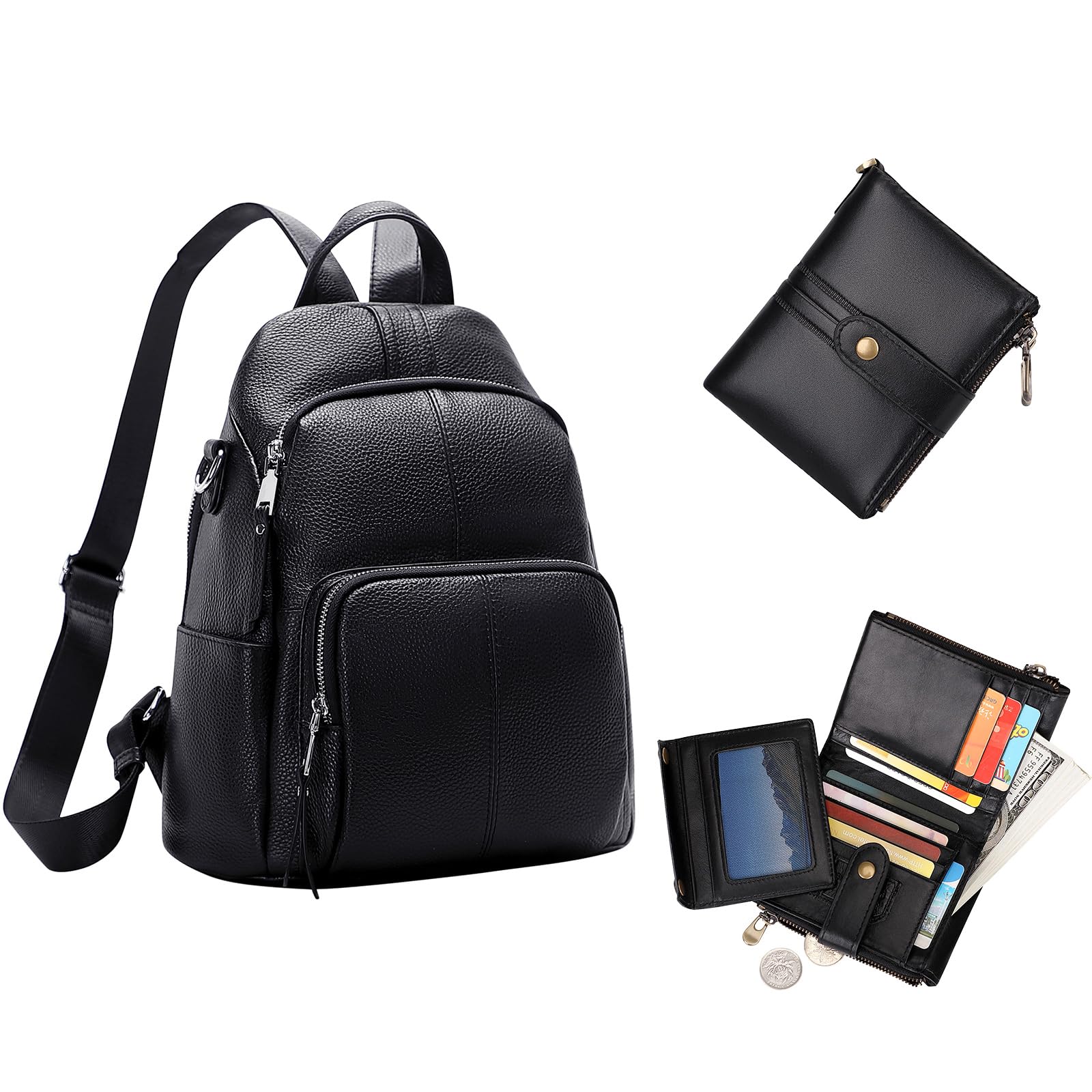 ALTOSY Soft Leather Backpack Purse for Women Backpacks Versatile Shoulder Bag and Small Bifold Zipper Pocket Wallet Card