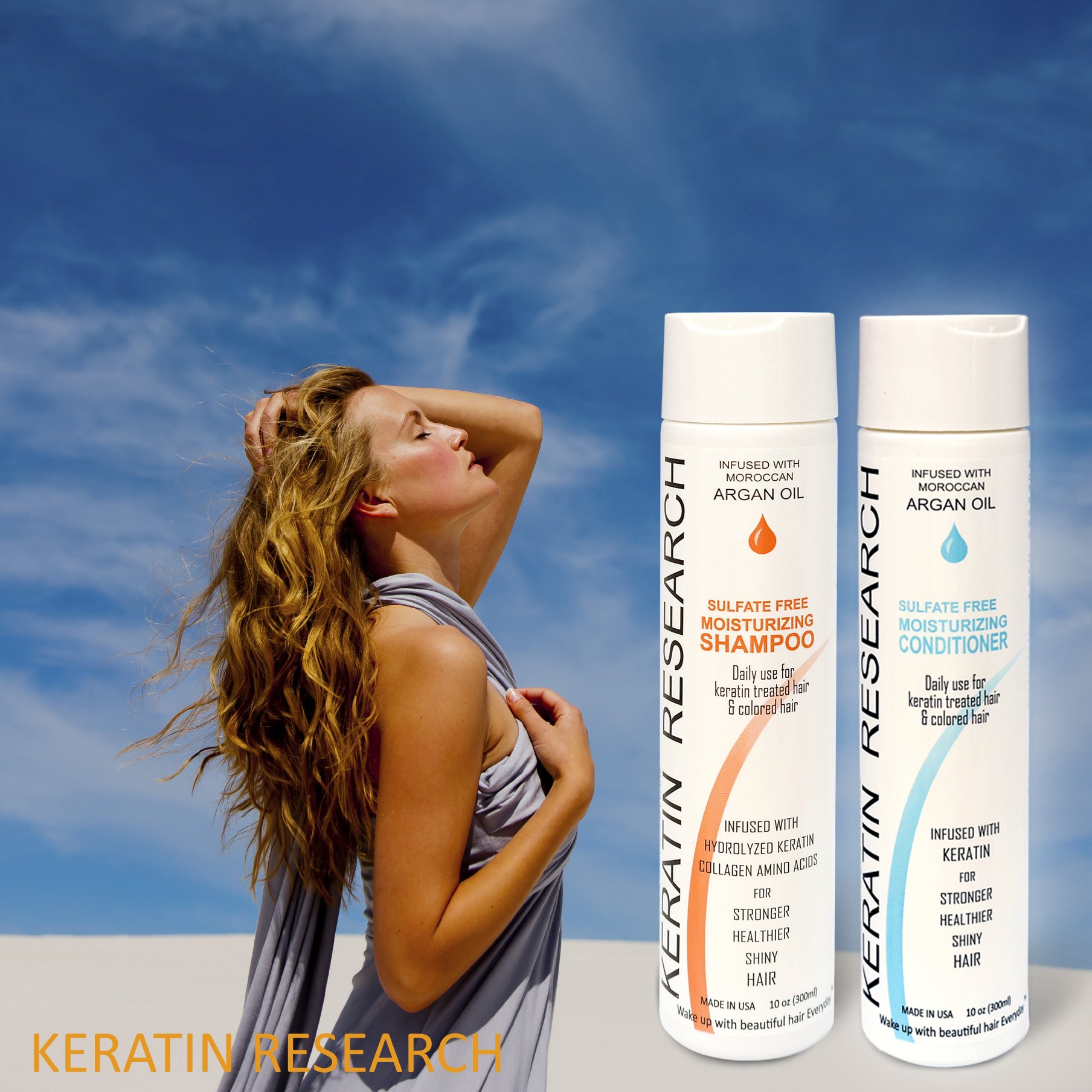 Keratin Research Natural Argan Oil Infused Sulfate Free Shampoo and Conditioner 2 bottles Value Set for Keratin Treatments, Maintainance After Care, post treatment shampoo Conditioner (300ml 2 pack)
