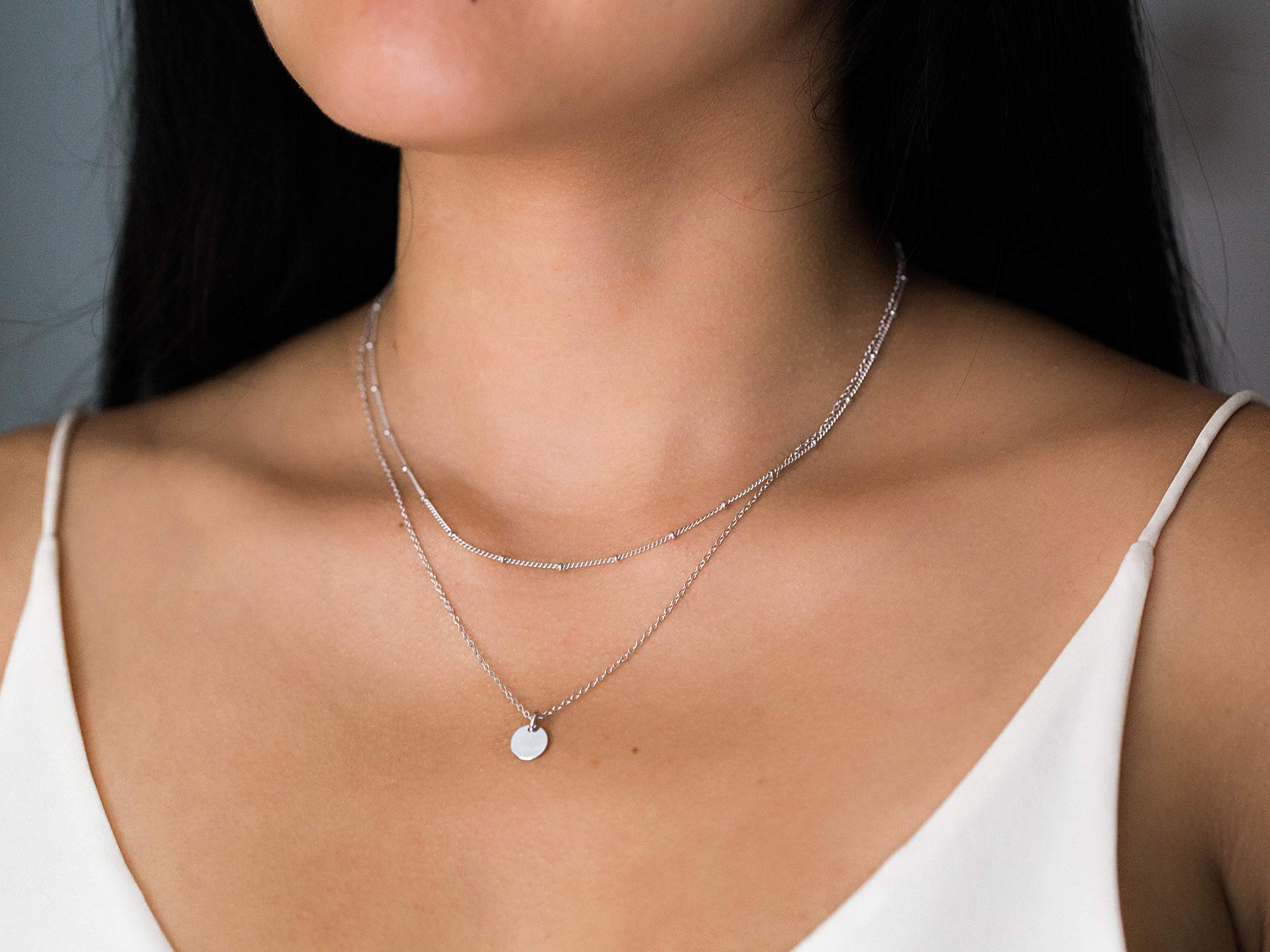 Aisansty Silver Choker Necklaces for Women Handmade Dainty Satellite Bead Chain Coin Pendant Layered Necklace