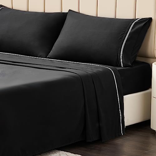 Aisbo Queen Sheet Set Black - Luxury Hotel 4-Piece Embroidered Bed Sheet Set with Easy Fit Deep Pocket, Extra Soft Cooling Bedding Sheet Set with Pillowases, Wrinkle Free, Fade Stain Resistant
