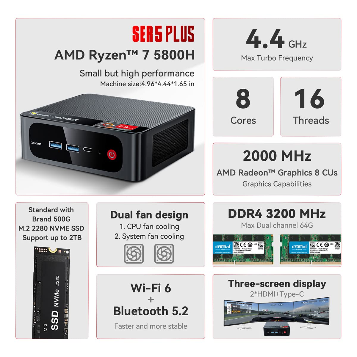 Beelink SER5 Mini PC,AMD Ryzen 7 5800H Processor,Mini Computer with 16G DDR4 RAM/500GB M.2 NVMe 2280 SSD,4K FPS/Three-Screen Display/WiFi 6/BT5.2/Support Auto Power On