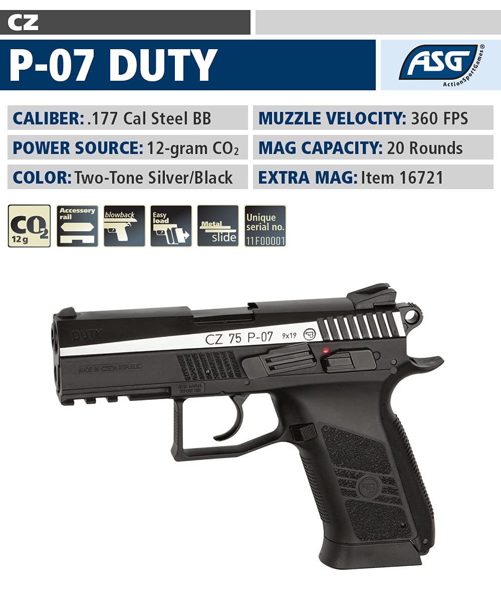 ASG CZ 75 P-07 Duty Two-Tone CO2 BB Gun Pistol .177 cal Steel, Blowback