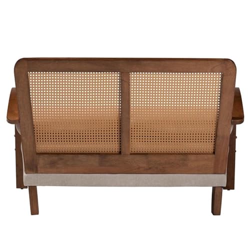Baxton Studio Sage Modern Japandi Light Grey Fabric and Walnut Brown Finished Wood Loveseat with Woven Rattan