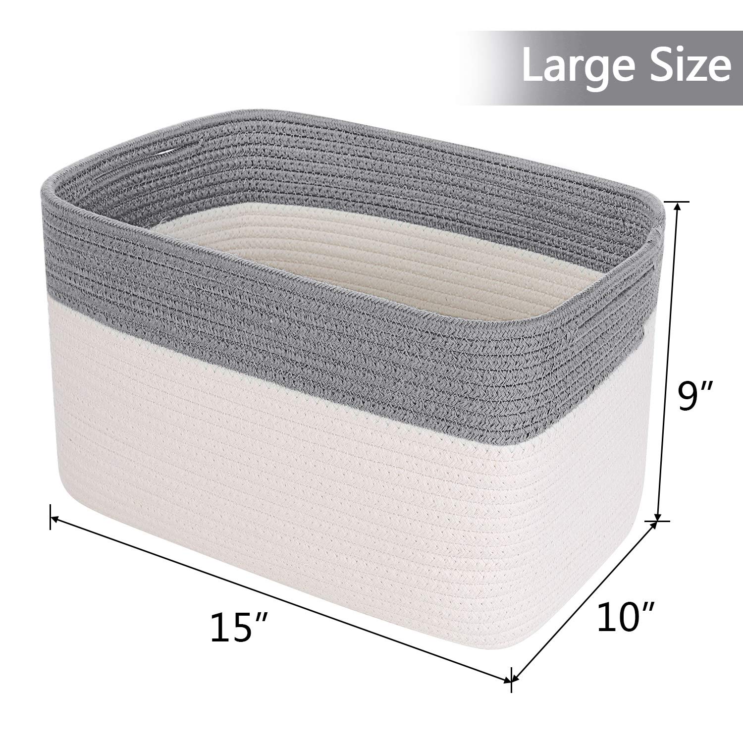 ANMINY 3PCS Woven Cotton Rope Storage Baskets with Handles Large Washable Basket Set Decorative Storage Bins Boxes Blanket Clothes Towel Laundry Organizer Containers - White/Gray