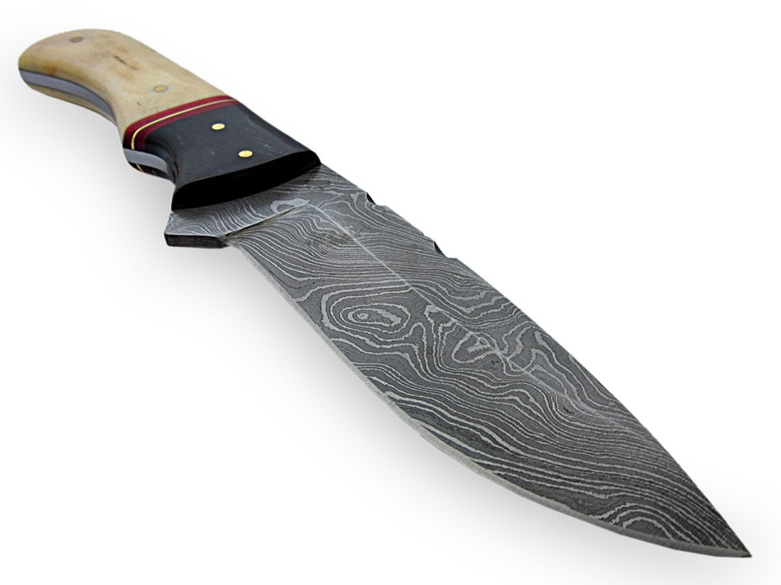 AishaTech Asek Fixed Blade Hunting Knife Damascus Steel Blade Bone Handle