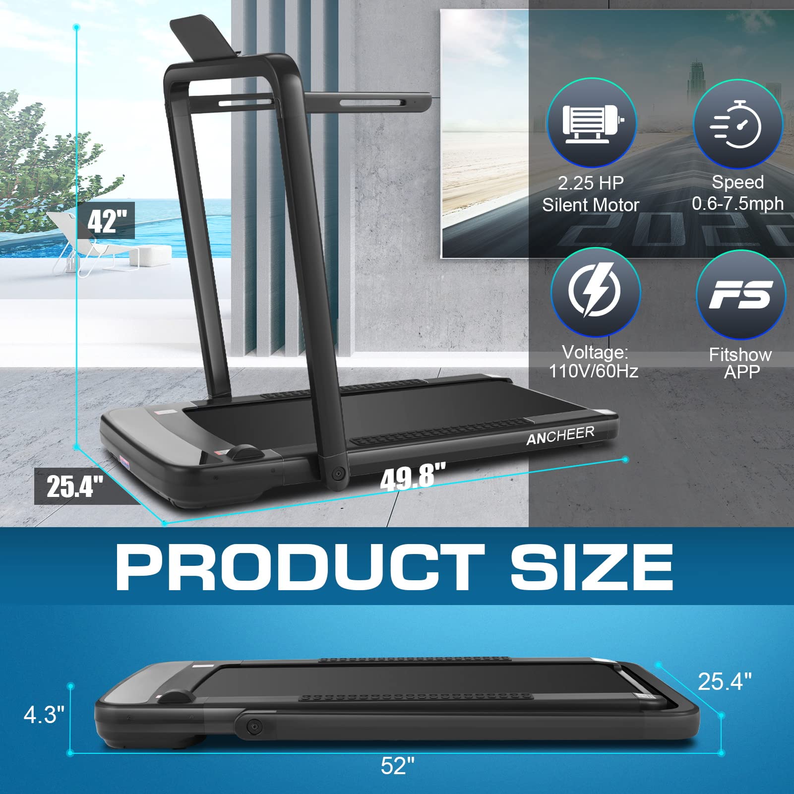 ANCHEER Treadmill, 2 in 1 Under Desk Treadmill, Folding Treadmill with APP & Wrist-Mounted Remote Control, Walking Pad Treadmill with 12 Preset Programs, Running Machine for Home, Installation-Free