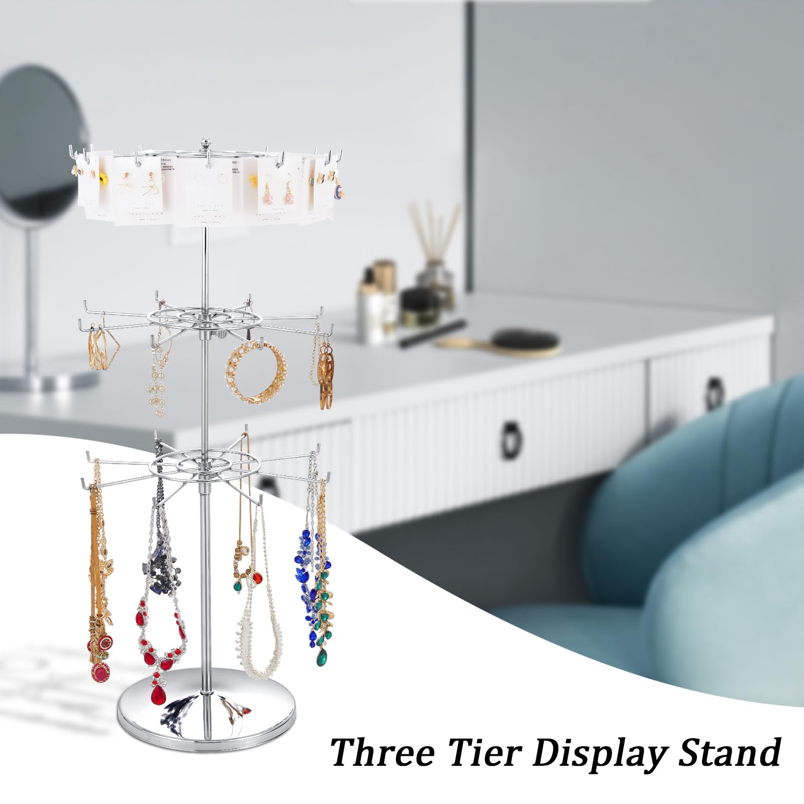 APL Display-Display Stand 3 Tier Jewelry Display Holder, Metal Necklace Display Stand, Adjustable Spinning Display Rack for Necklaces, Bracelets, Earrings, Ring