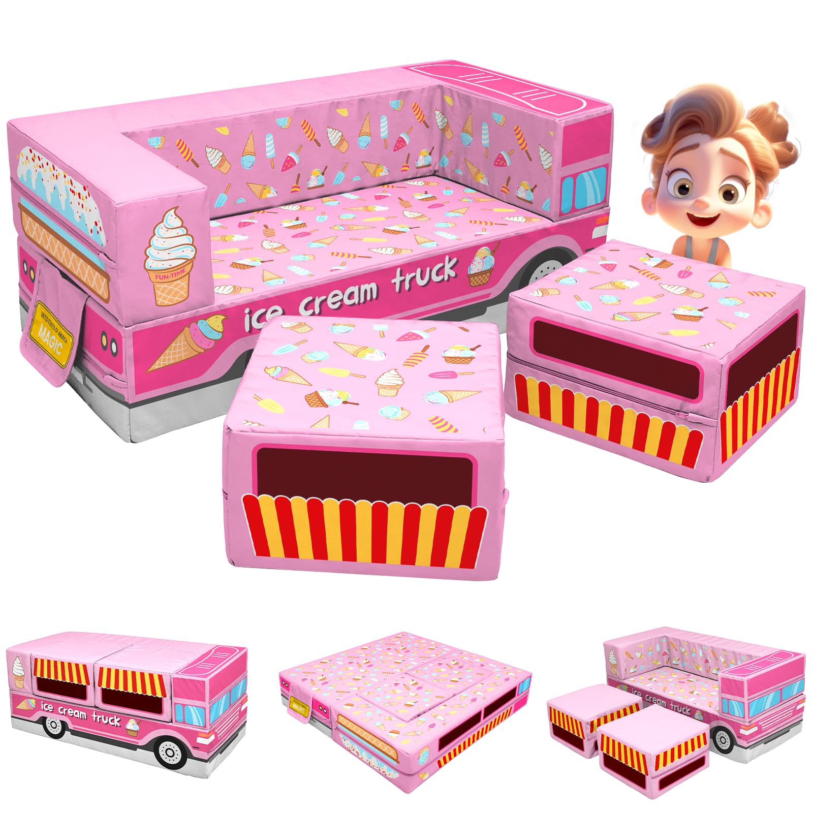 Hän Babos Kids Couch Sofa, Modular Toddler Couch, Convertible Kids Couch, Waste Collection Vehicle -Themed Modular Sofa for Boys and Girls, Sofa Bed for Bedroom