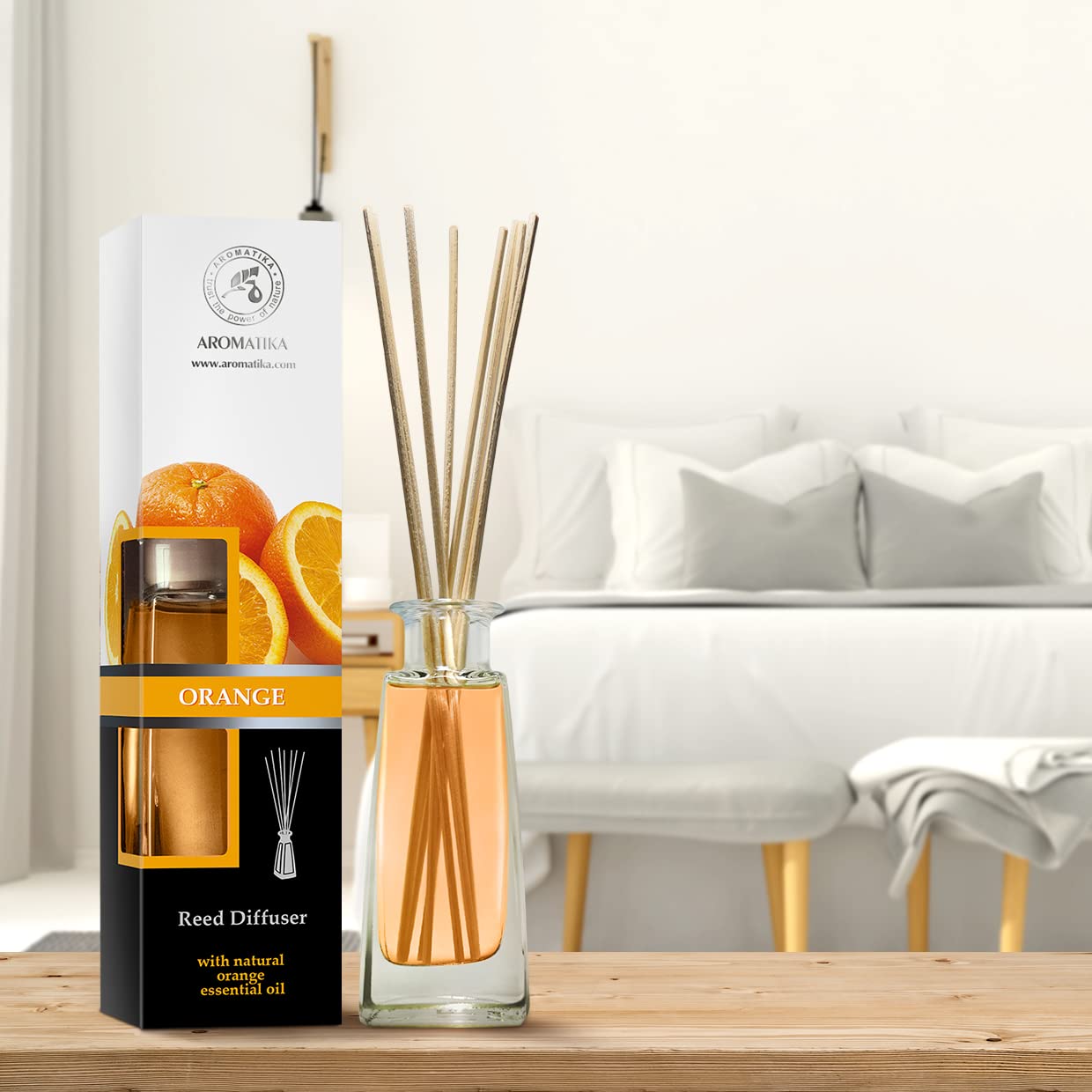 Orange Diffuser w/Orange Oil 3.4 Fl Oz - Fresh Room - Long Lasting Fragrance - Scented Reed Diffuser Orange - Diffuser Gift Set - for Aromatherapy - Home - Orange Essential Oil Diffuser by AROMATIKA