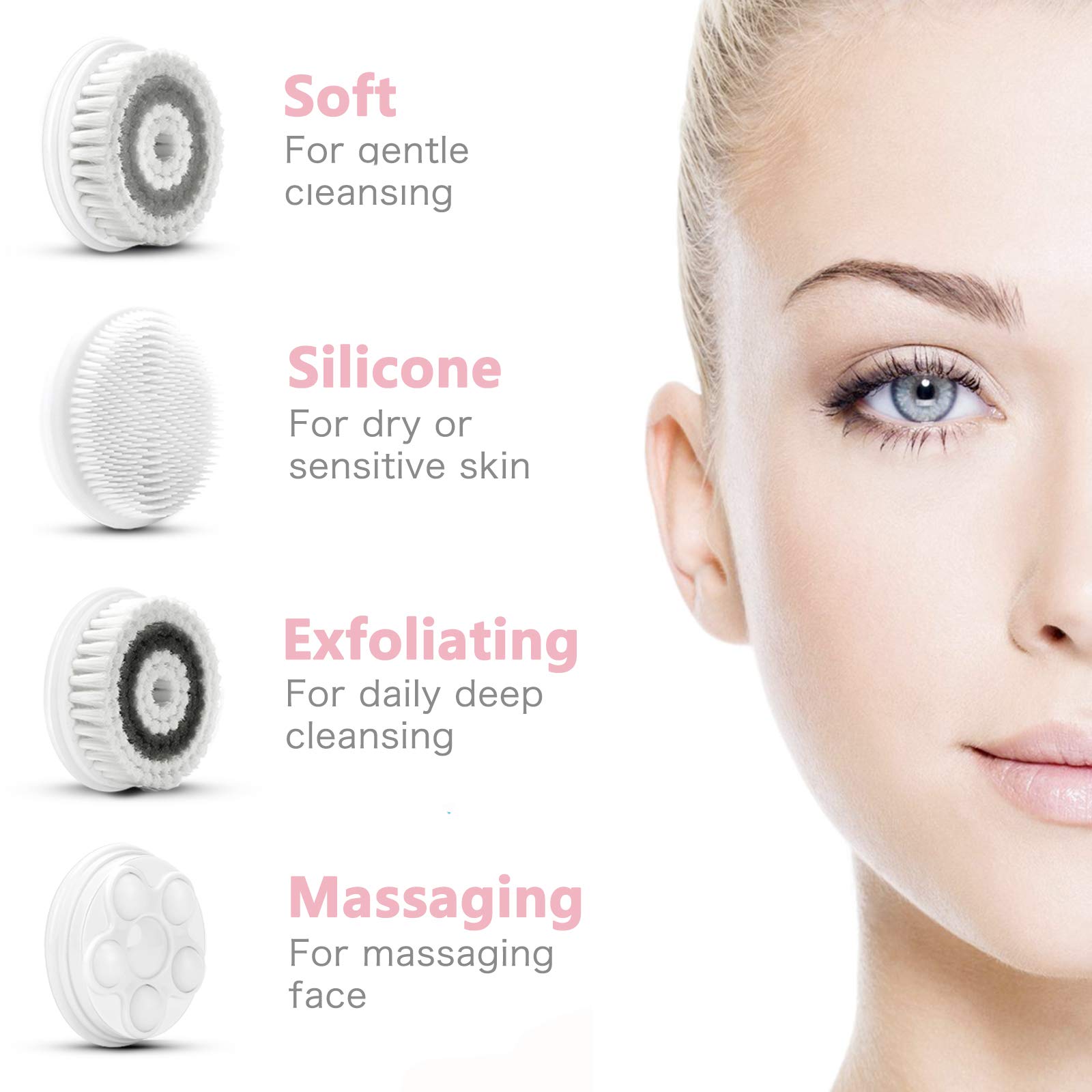 Waterproof Facial Cleansing Spin Brush Set with 4 Interchangeable Brush Heads - Electric Face Scrubber Cleanser Brush by CLSEVXY - Face brush for Deep Scrubbing, Gentle Exfoliating and Massaging