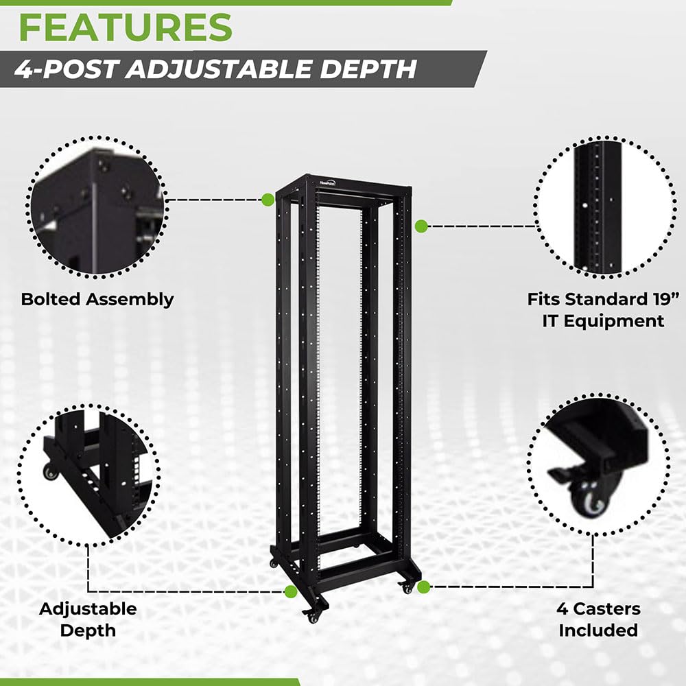 NavePoint 42U 4 Post Server Rack – Open Frame Rack for 19 Inch Equipment, Adjustable Depth 4-Post Network Rack Floor Mount, 42U Server Rack 793lbs Capacity, Black