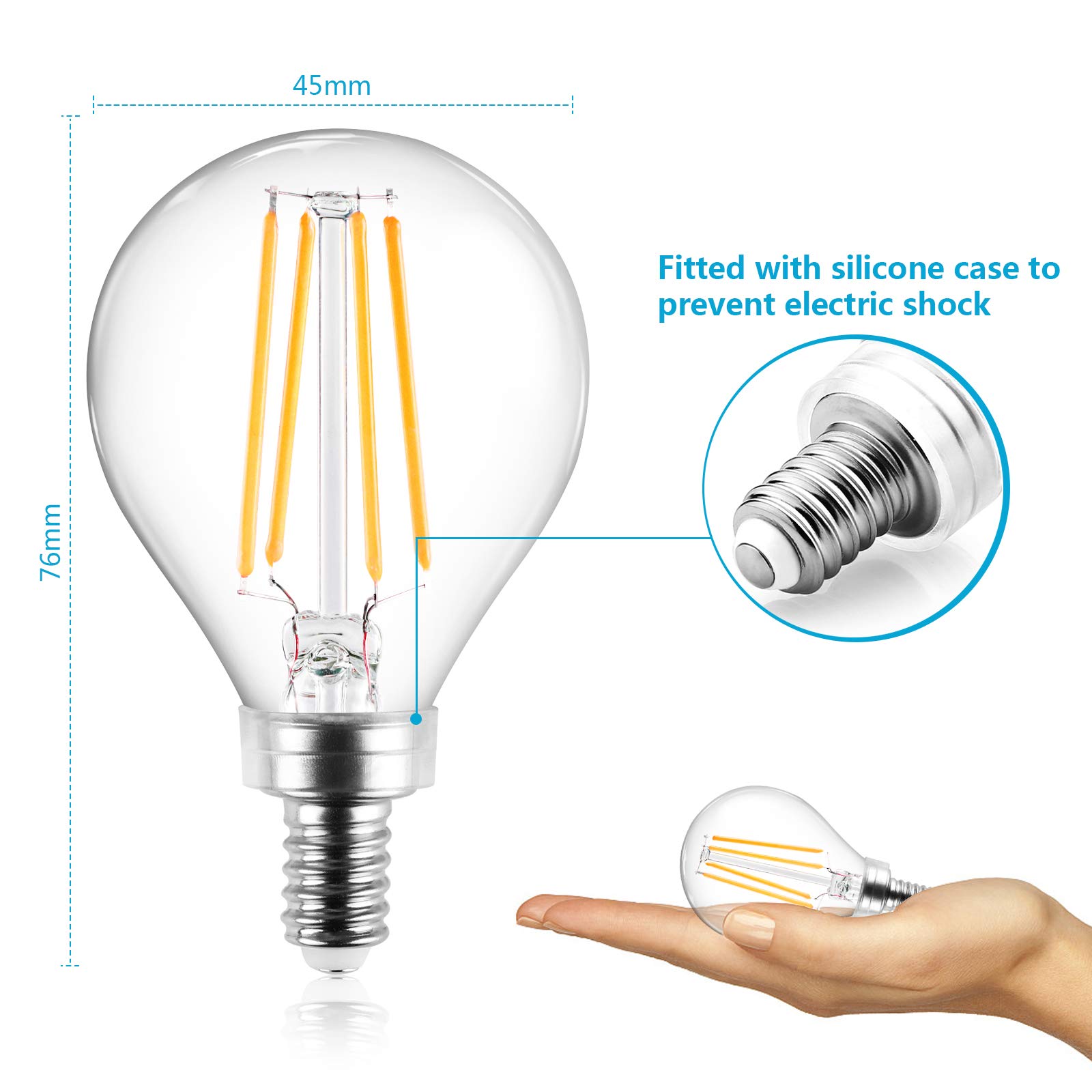 Ascher E12 Candelabra LED Light Bulbs 60 Watt Equivalent, 550 Lumens, Warm White 2700K, Decorative G45 LED Globe Bulbs, Filament Clear Glass, Non-Dimmable, Pack of 5