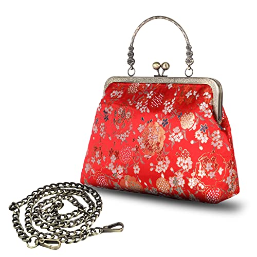 Arnosoar Floral Evening Bag Kiss Lock Top-Handle Bag Women Vintage Handbag Shoulder Bag Red-cherry blossoms
