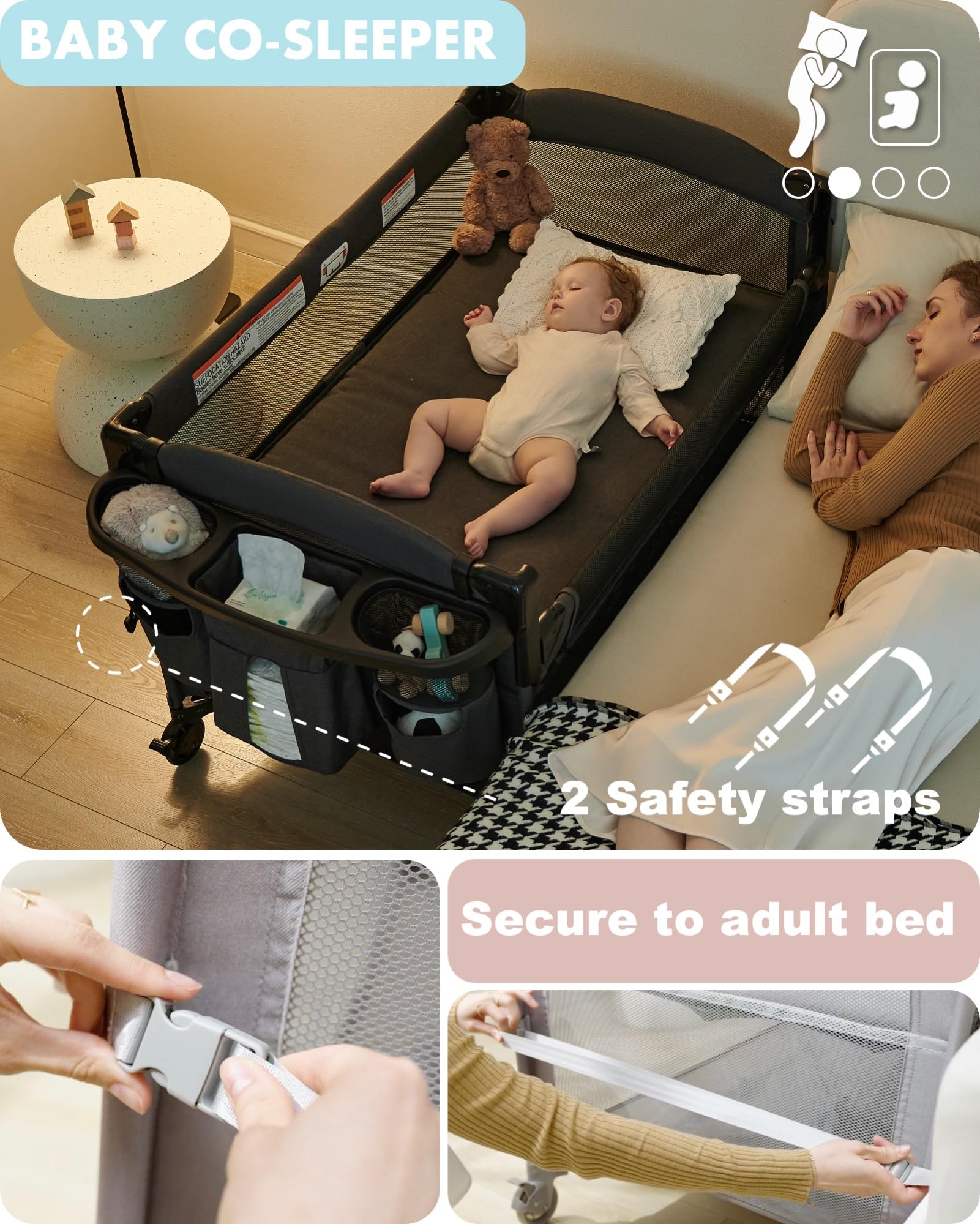 AirClub Baby 4 in 1 Bassinet Bedside Sleeper, Baby Bedside Crib Sleeper, Playard, Portable Diaper Changing Table, Baby Bassinet for Newborn Baby