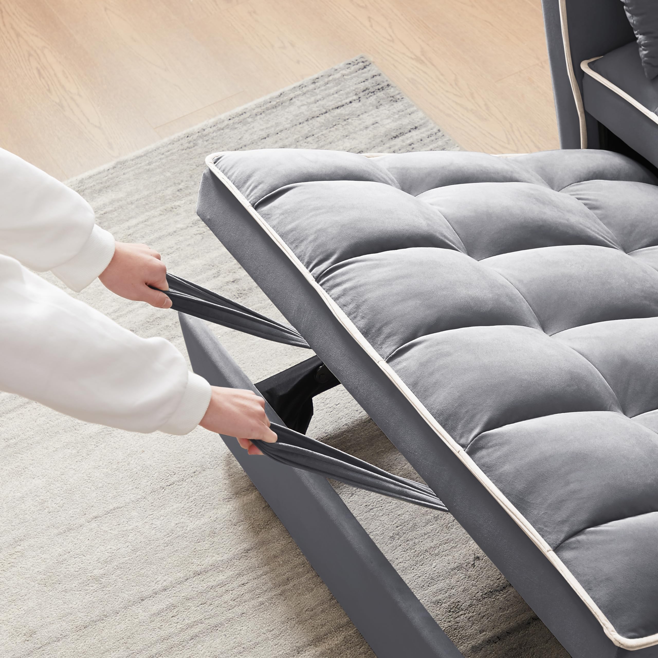 Bellemave Foldable Sofa Bed with USB Charging Ports, Pull Out Velvet Loveseat Sleeper with Swivel Phone Holder, Modern Futon Couch with Cup Holders and Adjustable Backrest, for Living Room, Gray