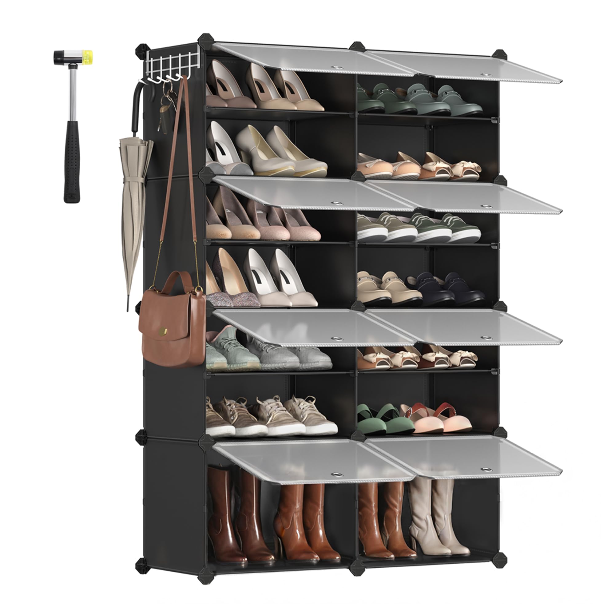 SONGMICS Shoe Rack, 8 Cubes Shoe Organizer with Doors, 32 Pair Plastic Shoe Storage Cabinet, for Bedroom, Entryway, Steel Frame, Plastic Panel, Black ULPC034B01