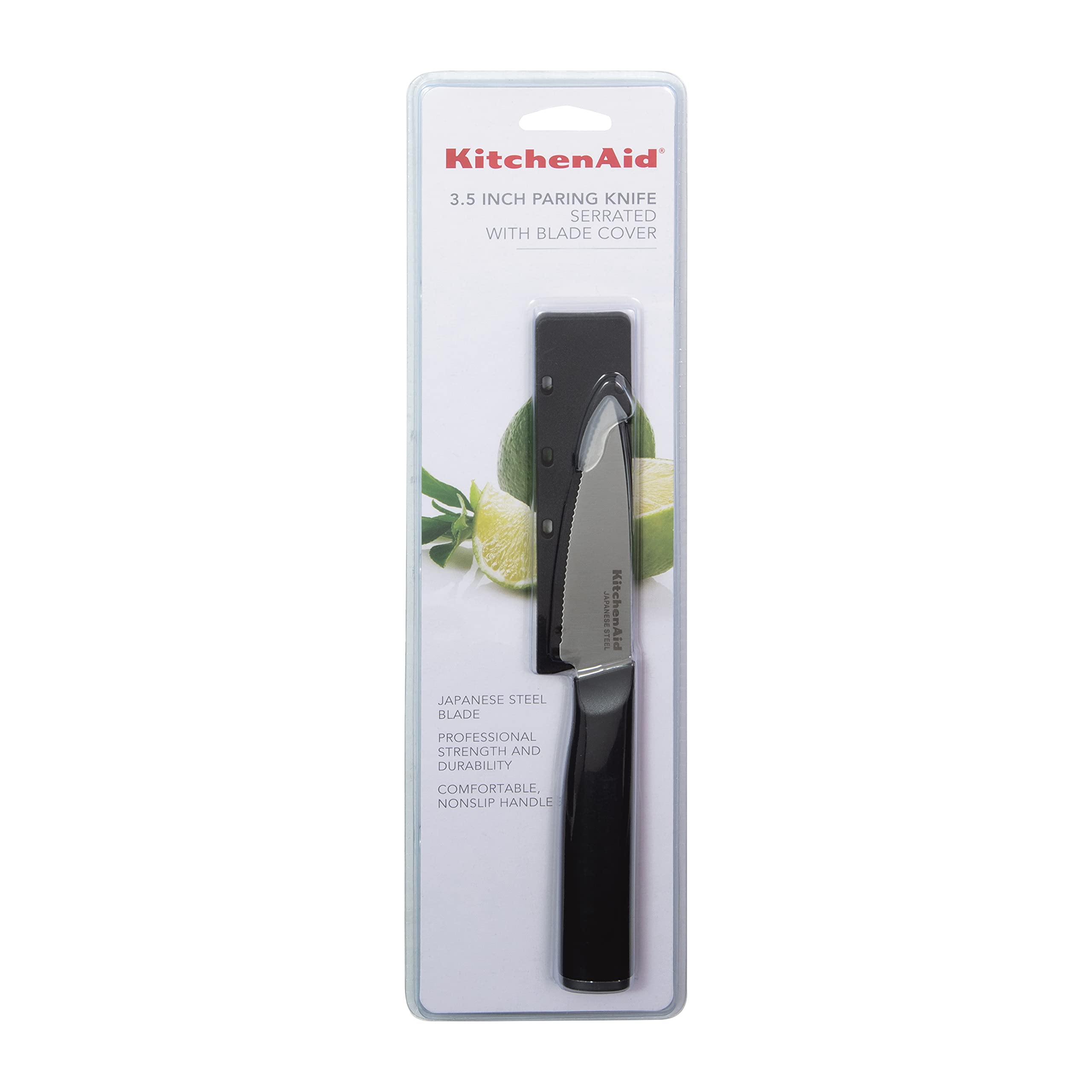 KitchenAid Classic Serrated Paring Knife with Custom-Fit Blade Cover, 3.5-inch, Sharp Kitchen Knife, High-Carbon Japanese Stainless Steel Blade, Black