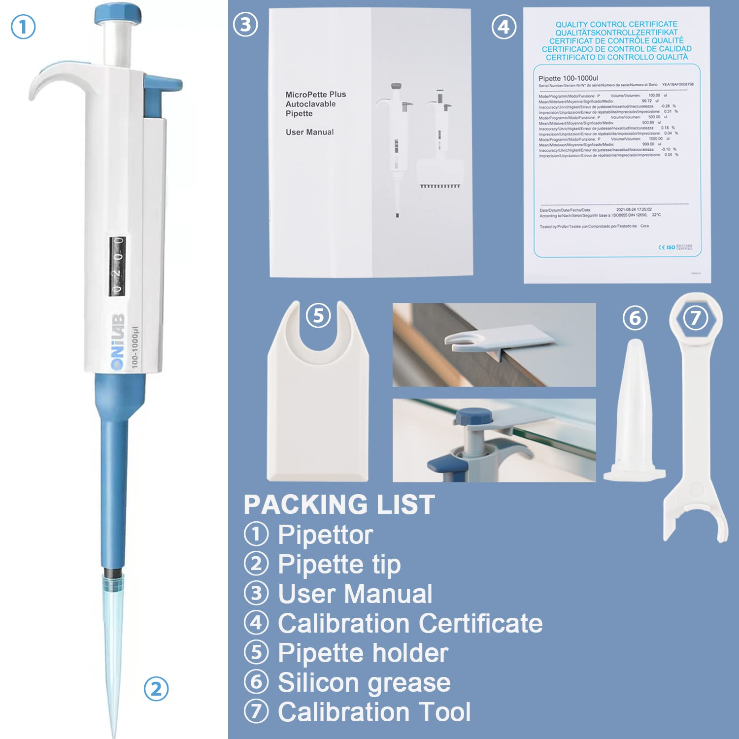 ONiLAB Lab Micropipette, Adjustable Volume Single Channel Pipettors,100-1000ul