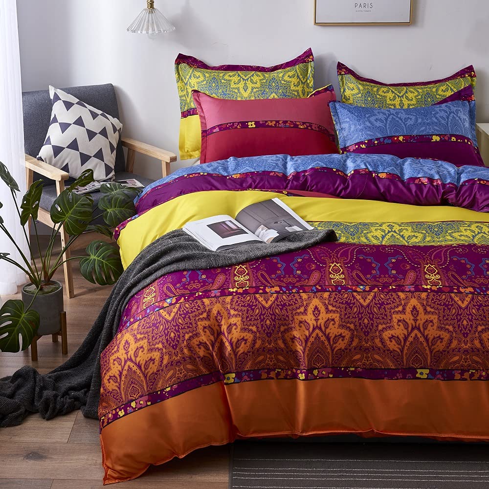 Erosebridal Boho Duvet Cover Paisley Floral Bedding Set, Luxurious Mexican Style Comforter Cover Set King Size Bohemian Reversible Bed Sets Retro Exotic Flower Bedroom Decor