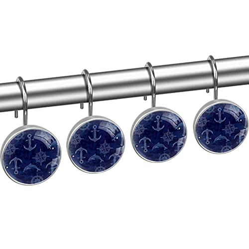 Anchor Pattern Shower Curtain Decorative Hooks Rings, Crystal GlassStainless Steel Round Shower Curtain Rings and Hooks for Bathroom Shower Rods Curtains 12 pcs