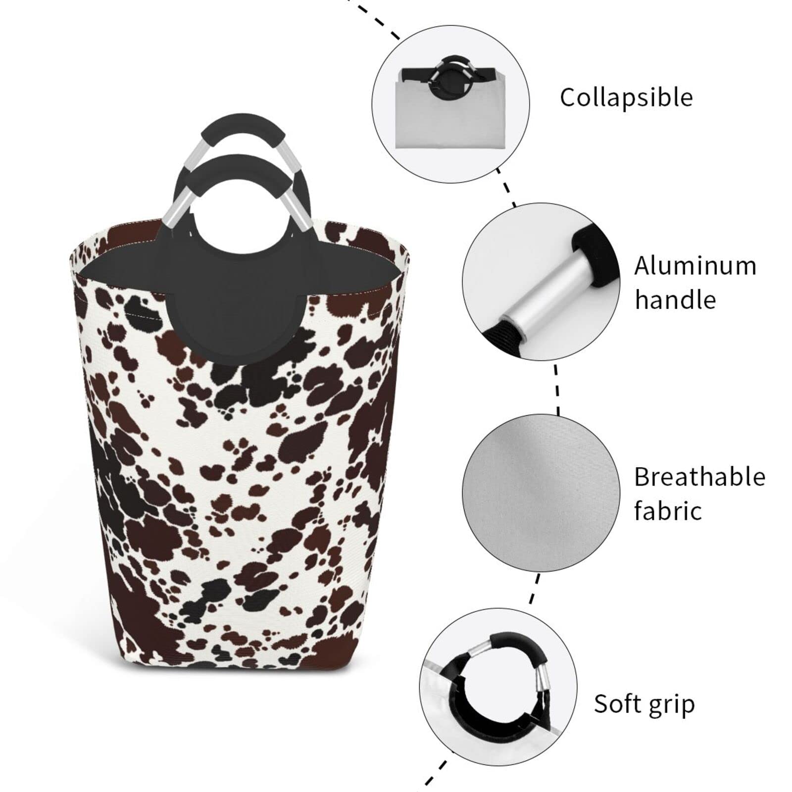 MIFSOIAVV Cowhide Brown Milk Cow Print Large Laundry Basket Collapsible Organizer Bin Animal Cowhide Skin Pattern Laundry Hamper with Handles Durable Washing Bin Dirty Basket for Nursery Clothes Toys