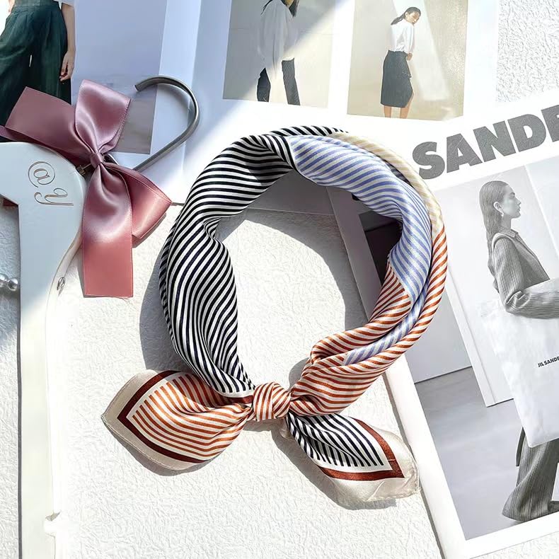 ANDANTINO 100% Pure Mulberry Silk Scarf -21β Lightweight Small Square Neckerchief β Breathable Digital Printed Scarves with Gift Packed (Contrast Color-Stripes)