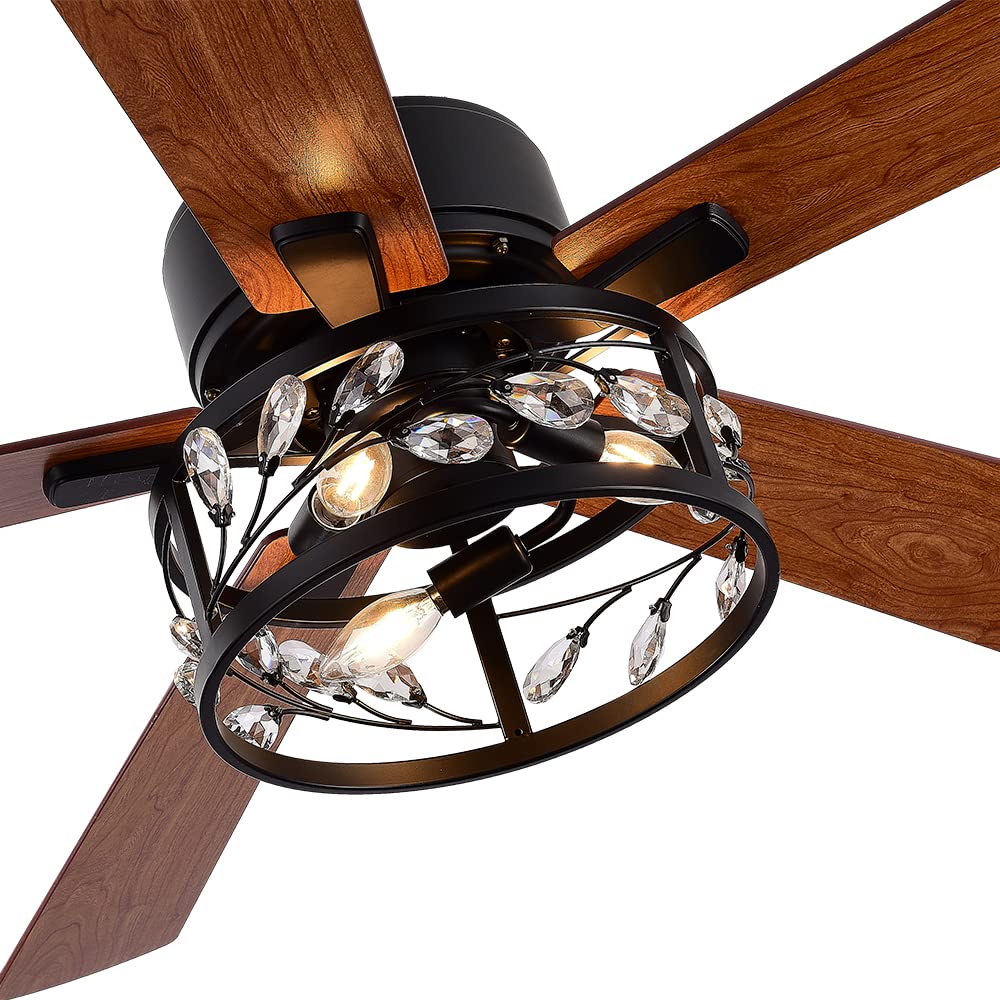 ANFERSONLIGHT 52" Crystal Ceiling Fan with Light - Vintage Industrial Style, Noiseless, Remote Control, Reversible Motor, 3 Speeds - Perfect for Living Room, Bedroom & Dining Room - Black Finish