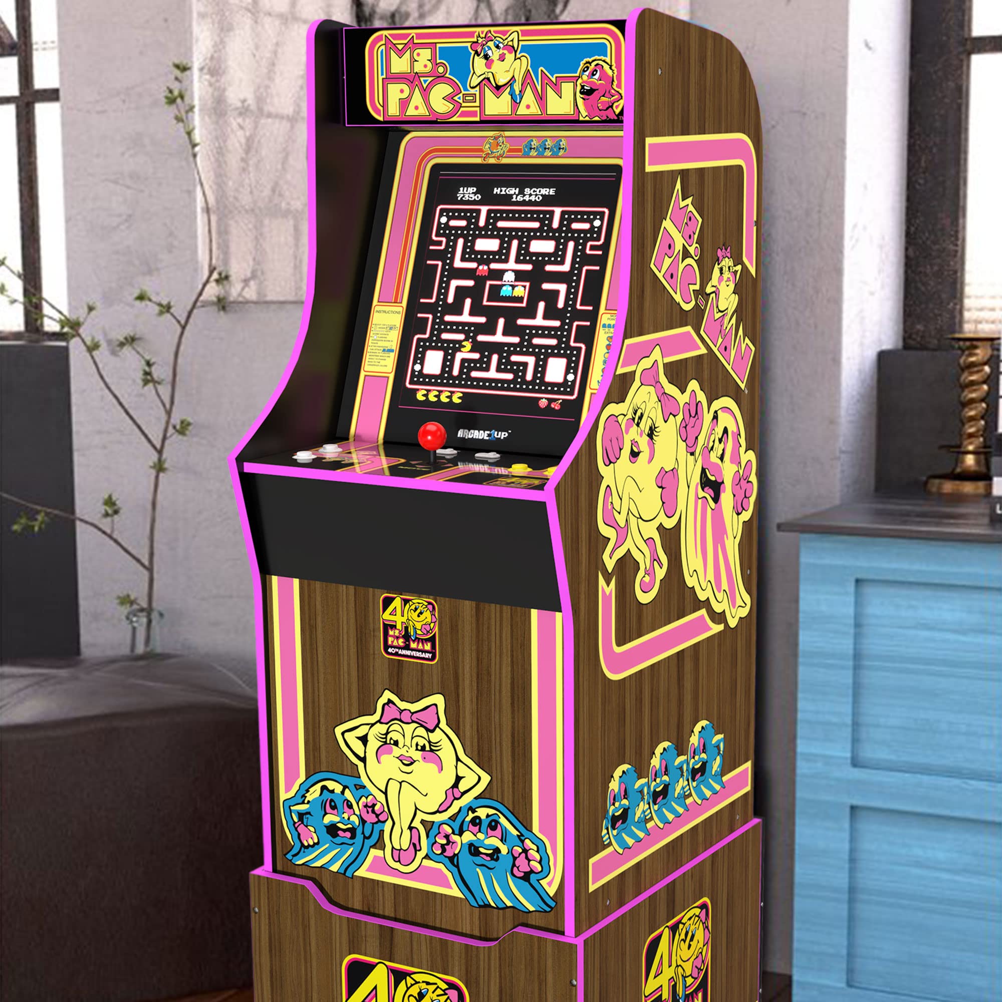 Arcade1Up Ms. Pac Man 40th Anniversary Classic 10 in 1 Coinless Arcade Video Game Cabinet Machine with Riser for Home Rec Rooms