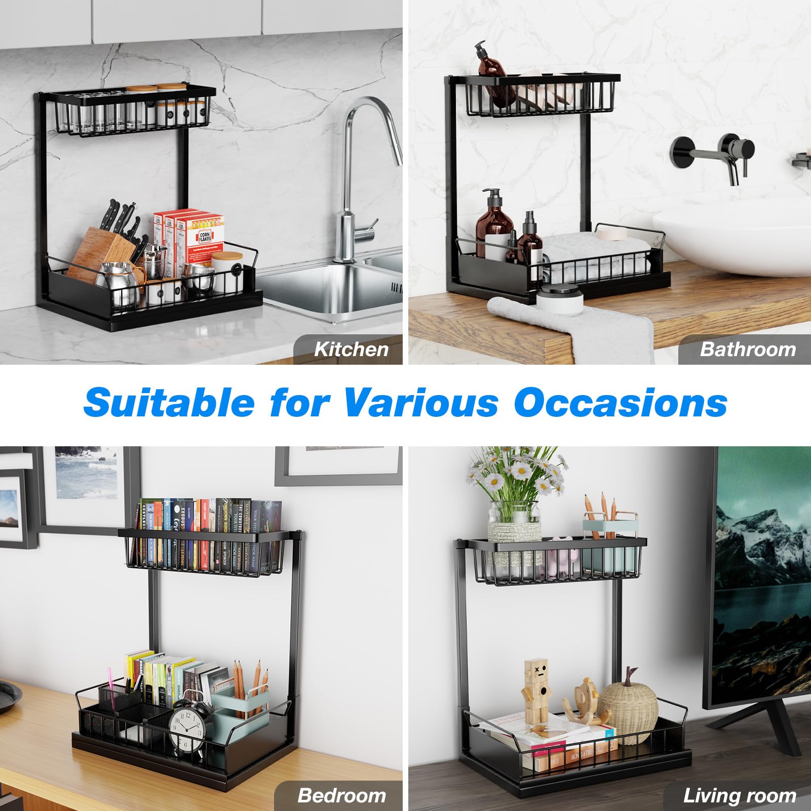 Atorica Under Sink Organizer, Pull Out Cabinet Organizer 2-Tier Slide Out Under Cabinet Storage, Multi-Use Under Kitchen Bathroom Sink Organizers and Storage