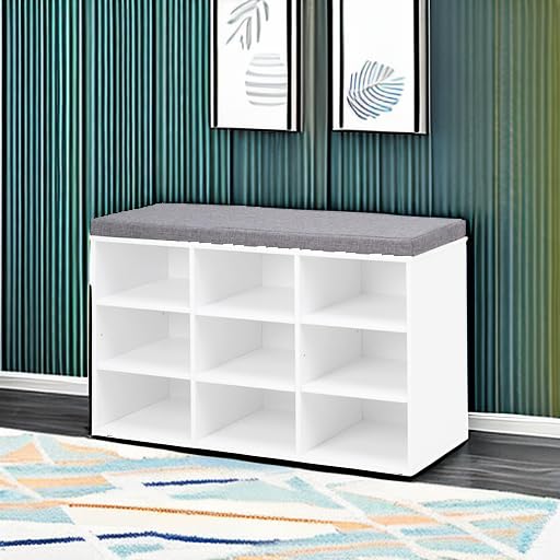 DINZI LVJ Shoe Storage Bench with Cushion, Cubby Shoe Rack with 9 Cubbies, Adjustable Shelves, Multifunctional Shoe Organizer Bench for Entryway, Mudroom, Hallway, Closet and Garage, White